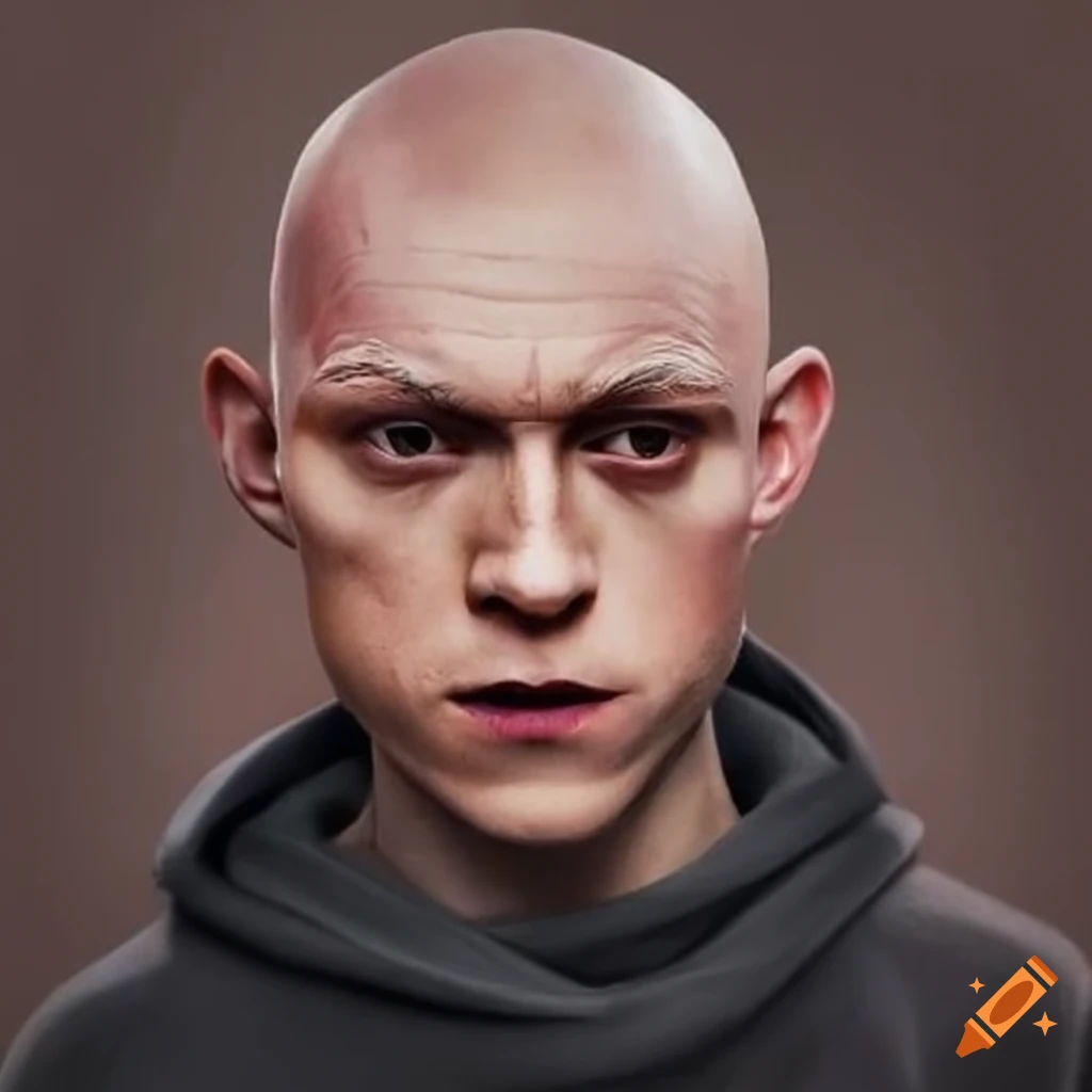 Portrait of bald Tom Holland in a rough London roadman style on Craiyon