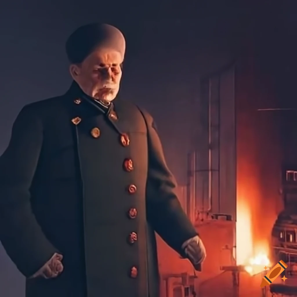 Grumpy leader standing on an industrial ice planet on Craiyon