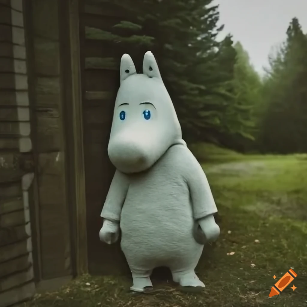 Moomin character with an automatic rifle hiding behind a hood on Craiyon