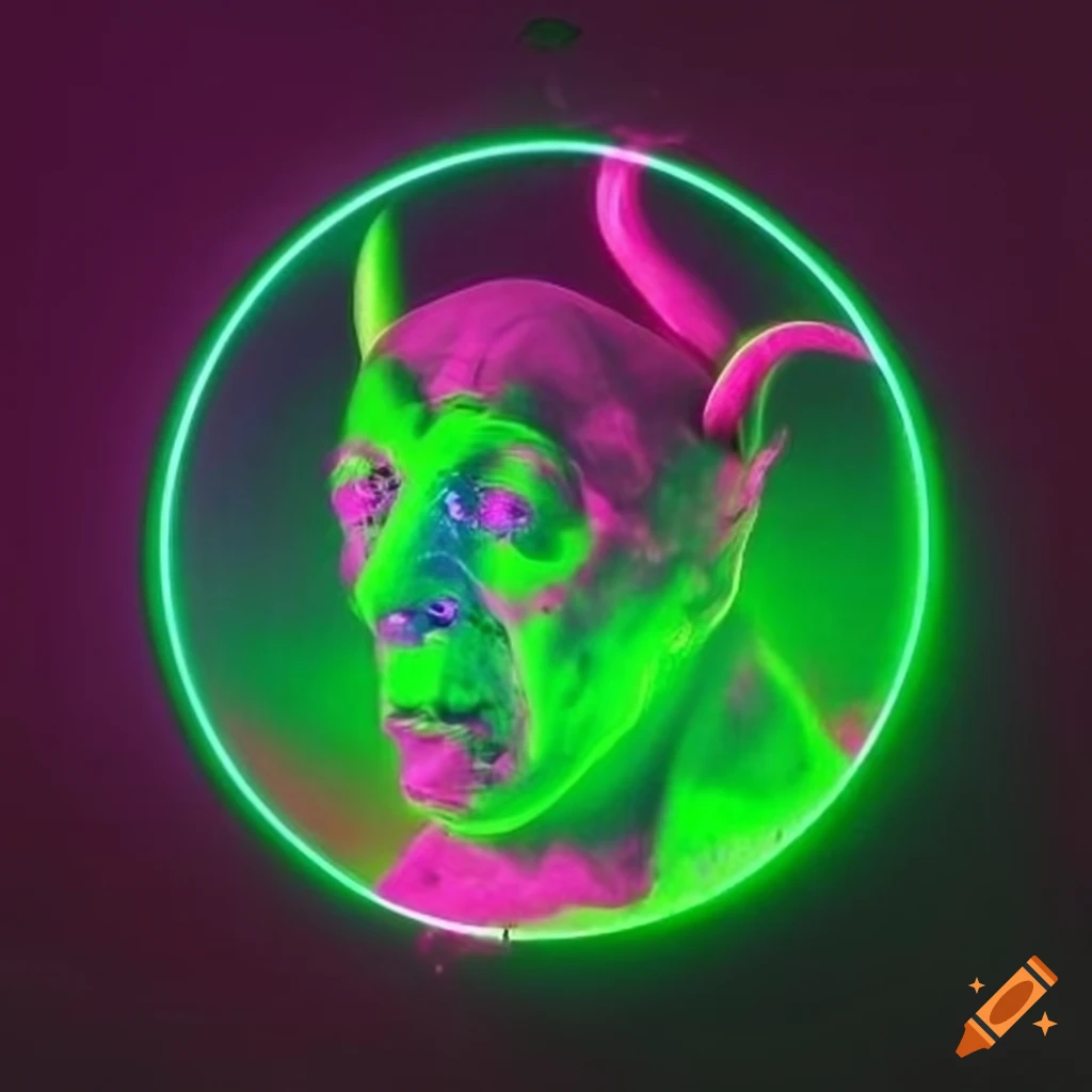 Max ernst neon magenta devil in green neon circle on black background ...