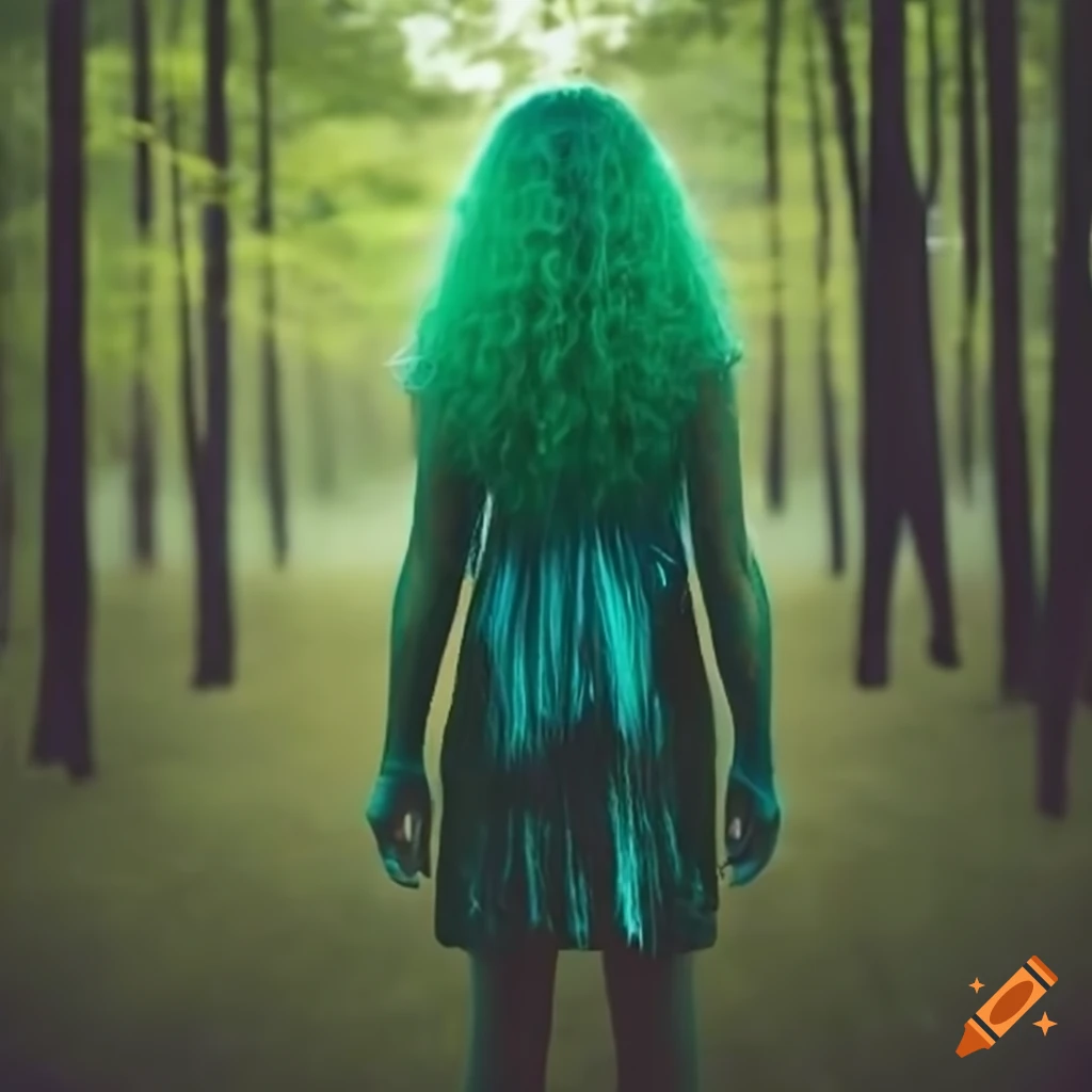 Green-skinned woman with long green curls in a bright forest on Craiyon