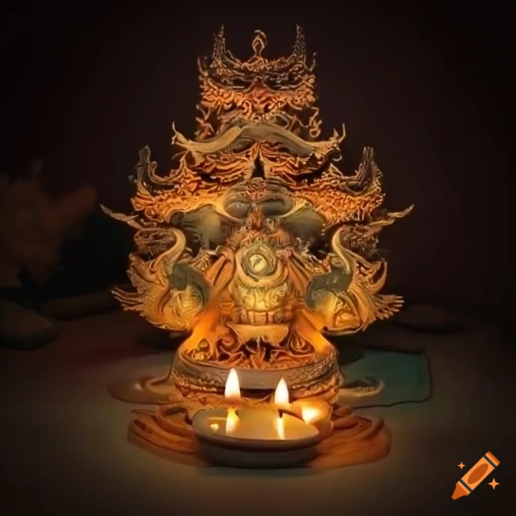 Japanese household dragon shrine with candles, incense, and intricate ...