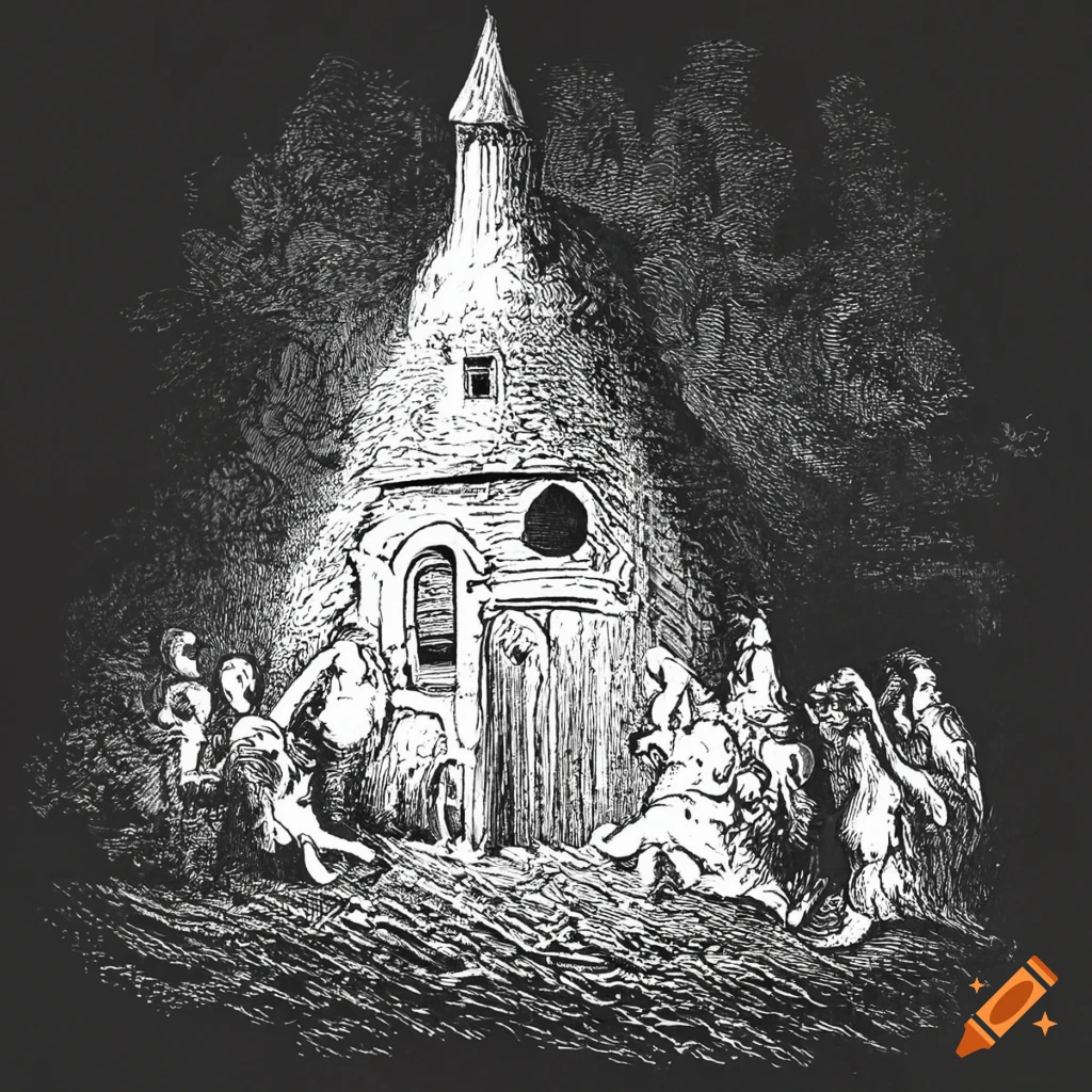 Gustave doré style drawing of seven dwarfs' house on a black background ...