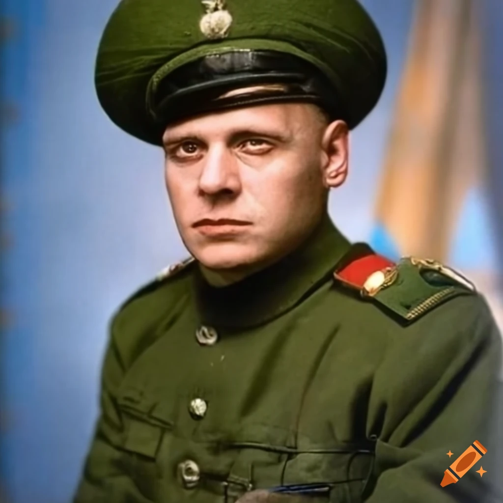 Russian soldier in uniform with a serious expression on Craiyon