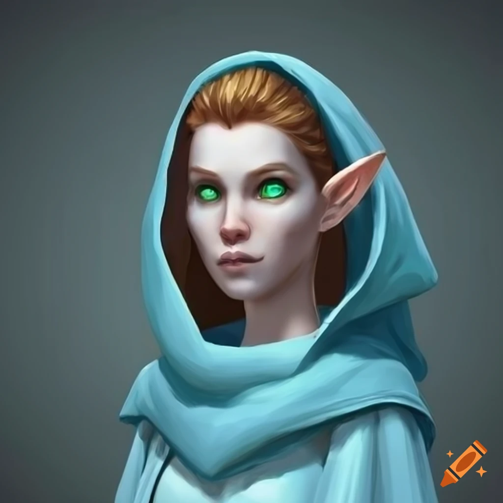 Glowing female elf in light blue cloak standing in front of a stone ...