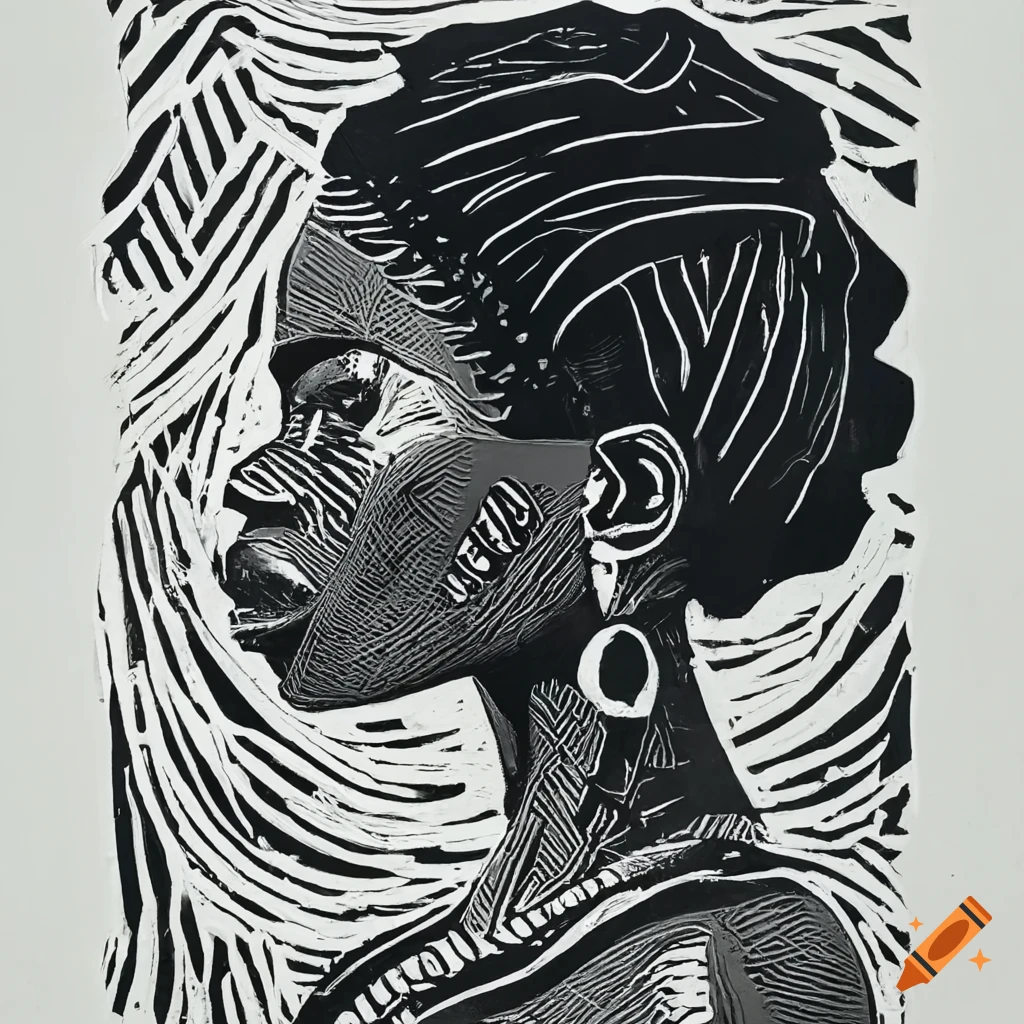 Lino print of an african woman portrait on Craiyon