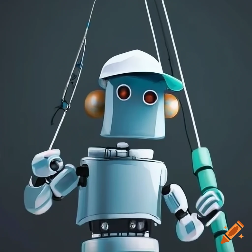 Robot with baseball hat and fishing rod on Craiyon