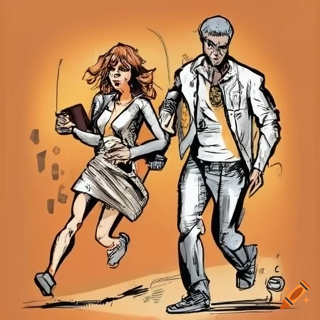 Comic illustration of man and woman running with a case of cash after a ...