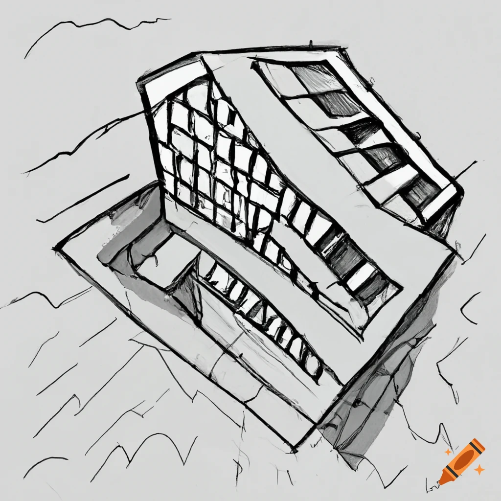 Sketch of a building in bird's eye view perspective on Craiyon
