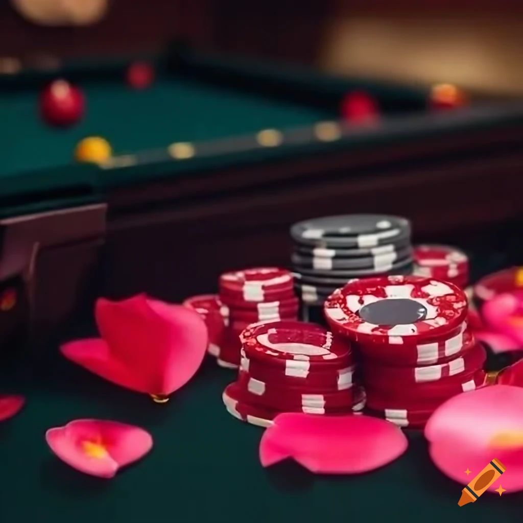 Red gambling chips mixed with red petals on a pool table in a casino on ...