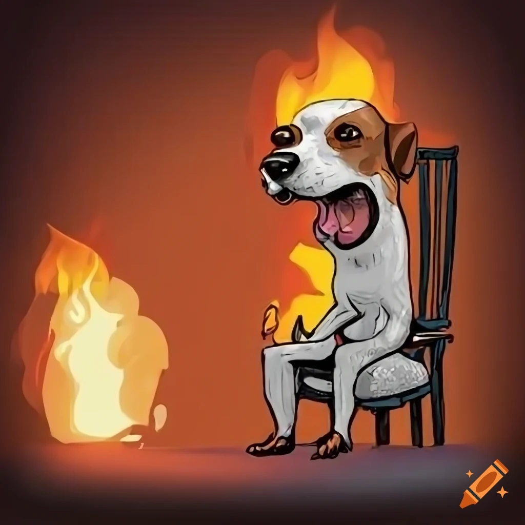 Comic style dog in a fiery room with a cup of coffee on the table on ...