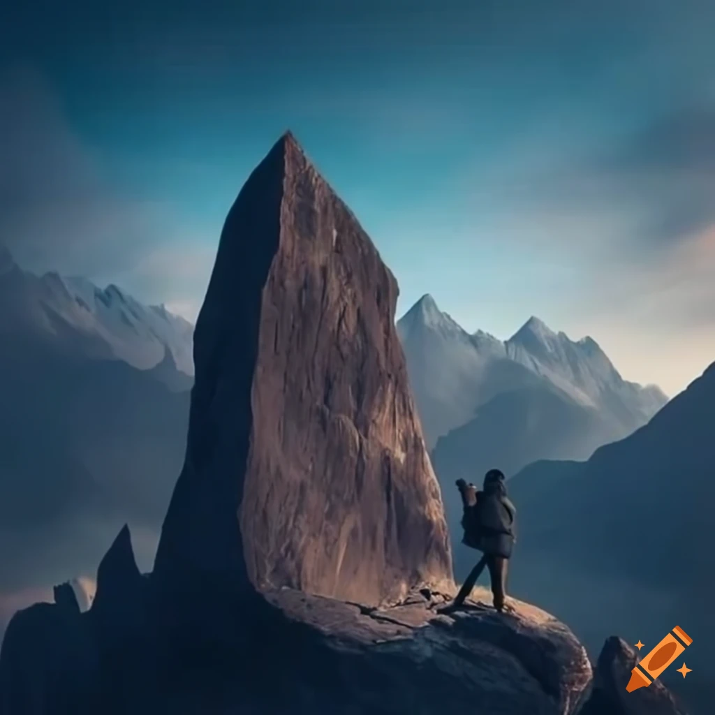 Adventurers chiseling a large stone in a mountain range on Craiyon