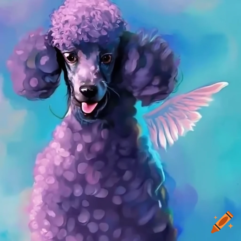 Black poodle dog with angel wings flying in the sky on Craiyon