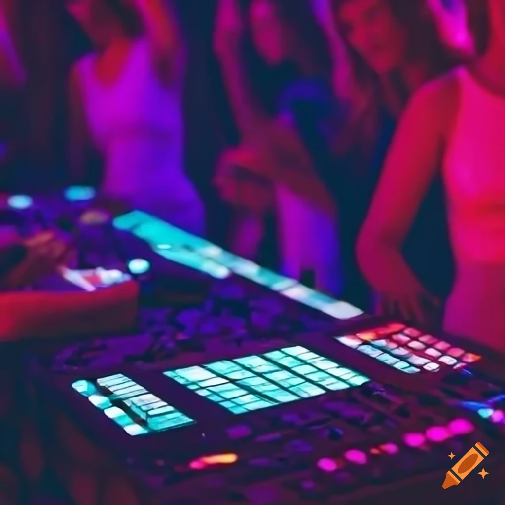 Digital music instruments and dancing crowd in a vibrant party atmosphere on Craiyon