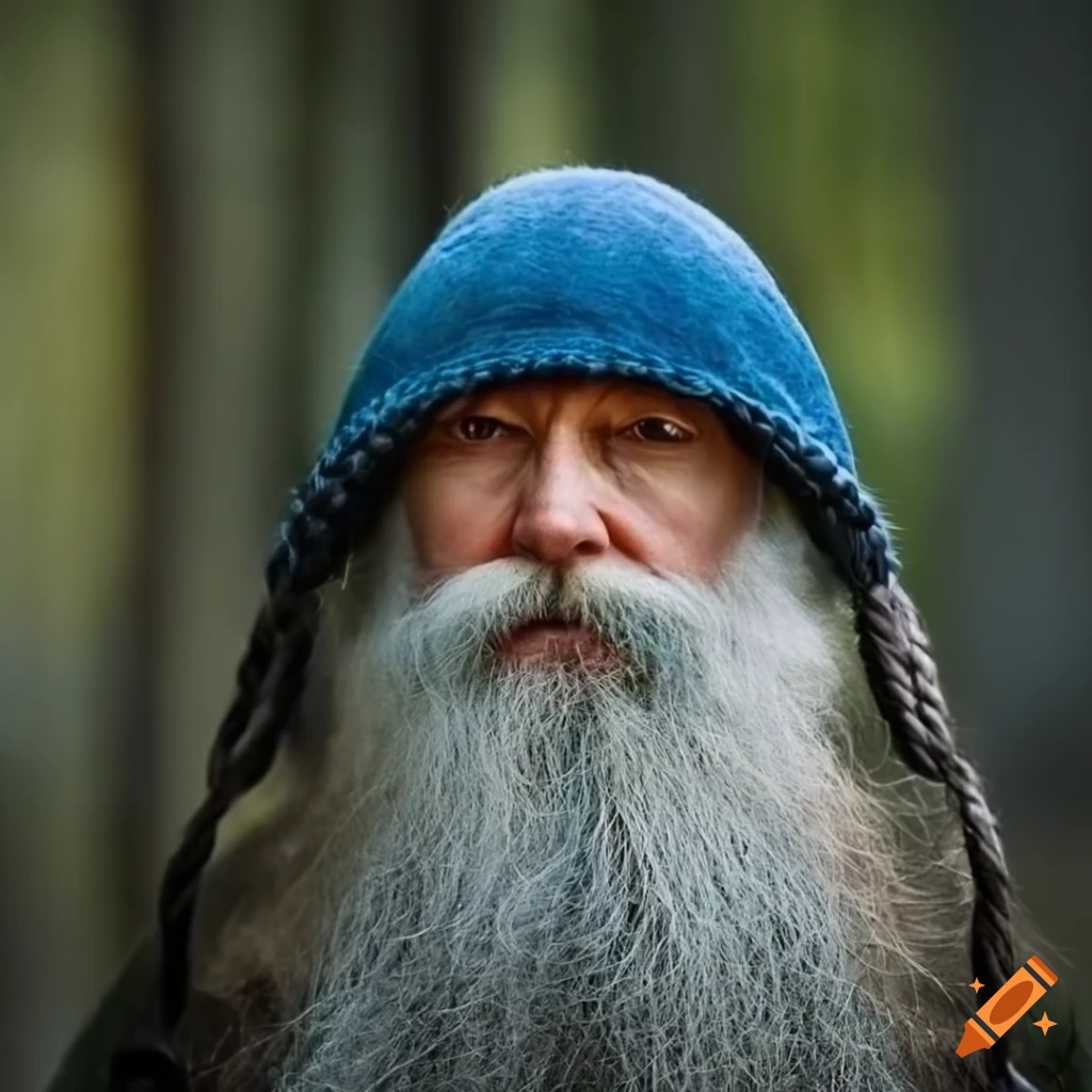 Wizard in a forest with a long braided grey beard and blue hat on Craiyon