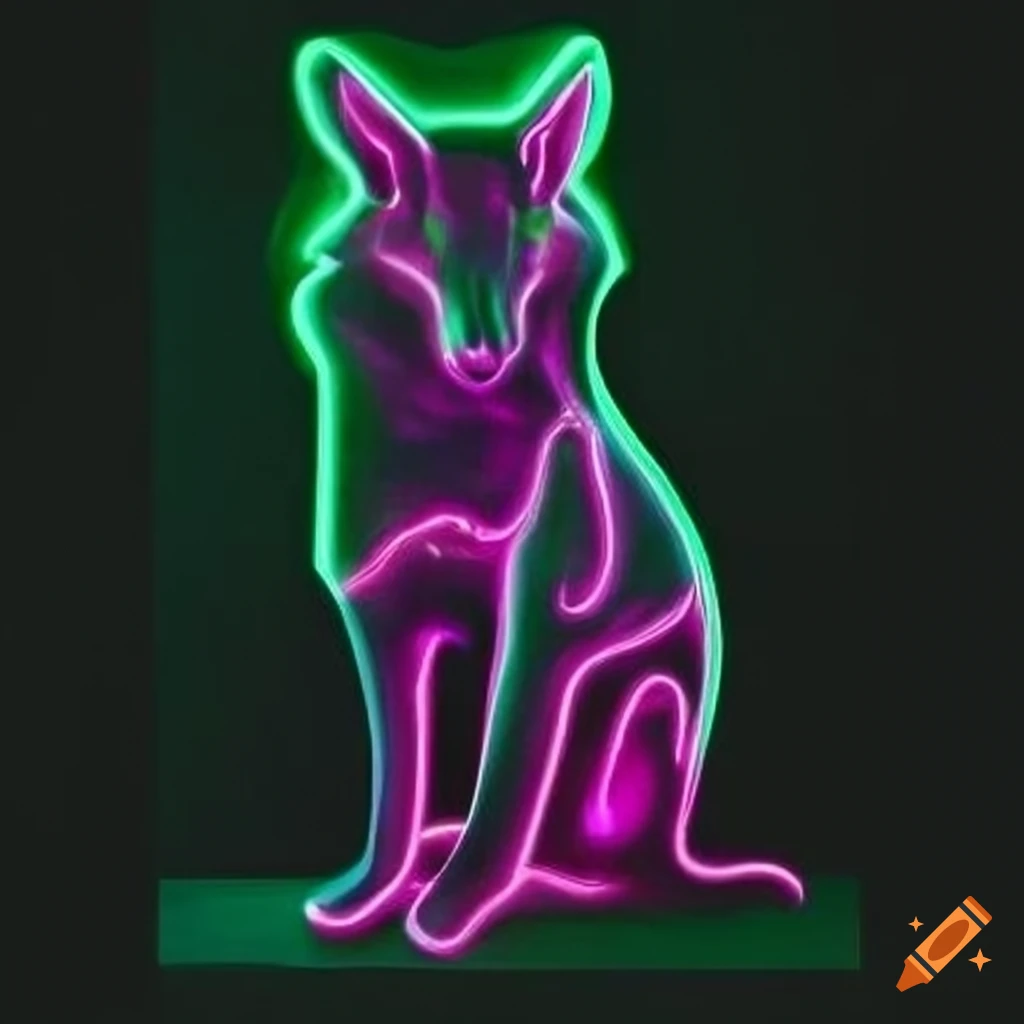 Neon magenta wolf surrounded by green neon triangle on black background ...