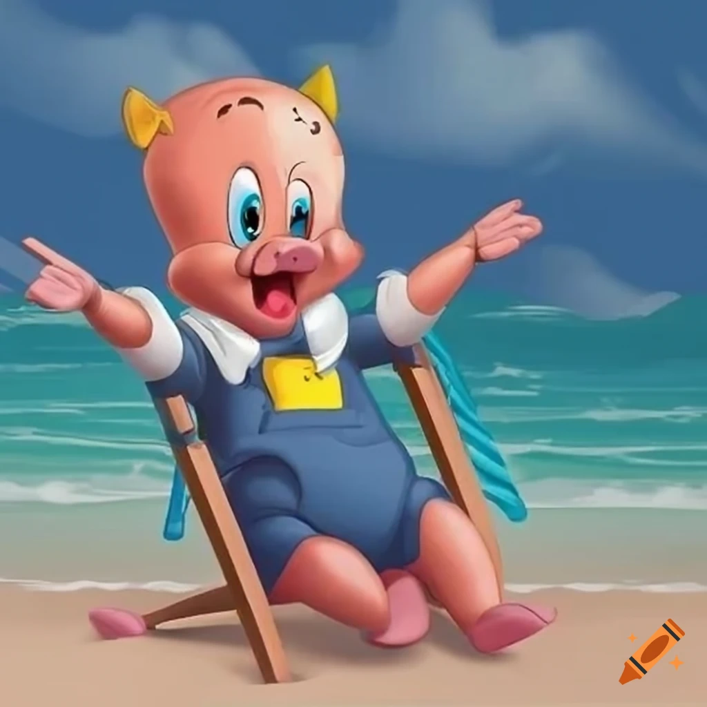 Stylish cartoon porky pig lounging in a beach chair with navy blue overalls on Craiyon