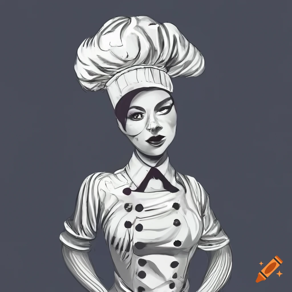 Comic style grayscale illustration of a female cook on Craiyon