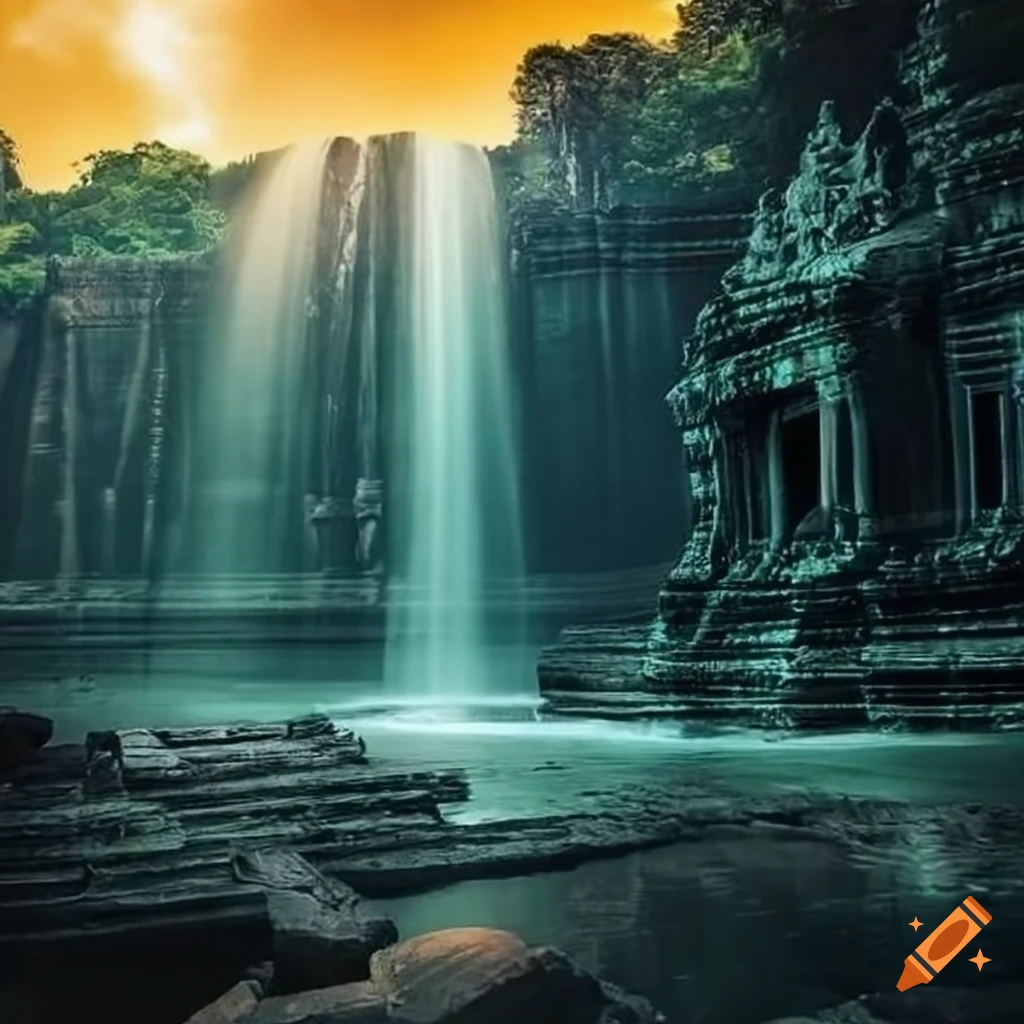 View of angkor wat with a waterfall in cambodia on Craiyon