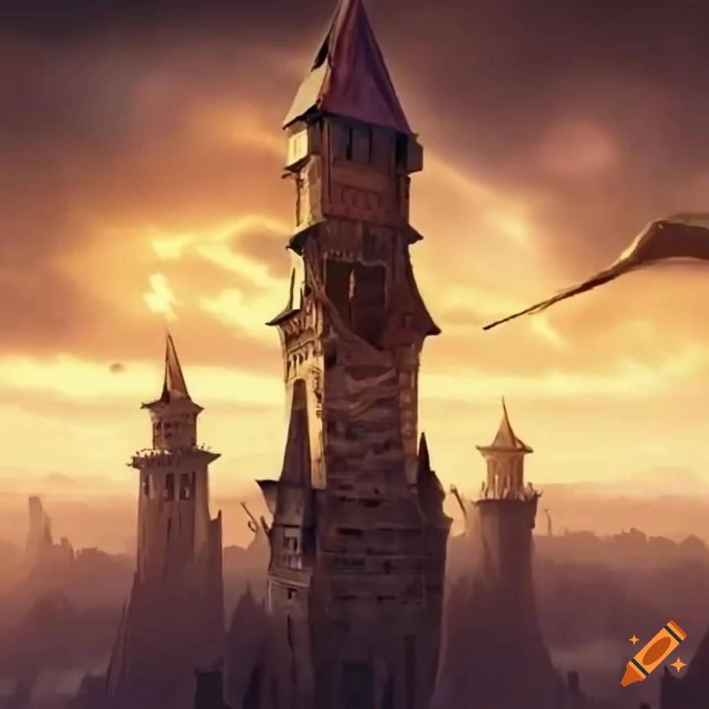 Medieval towers floating in the sky in a fantasy setting on Craiyon