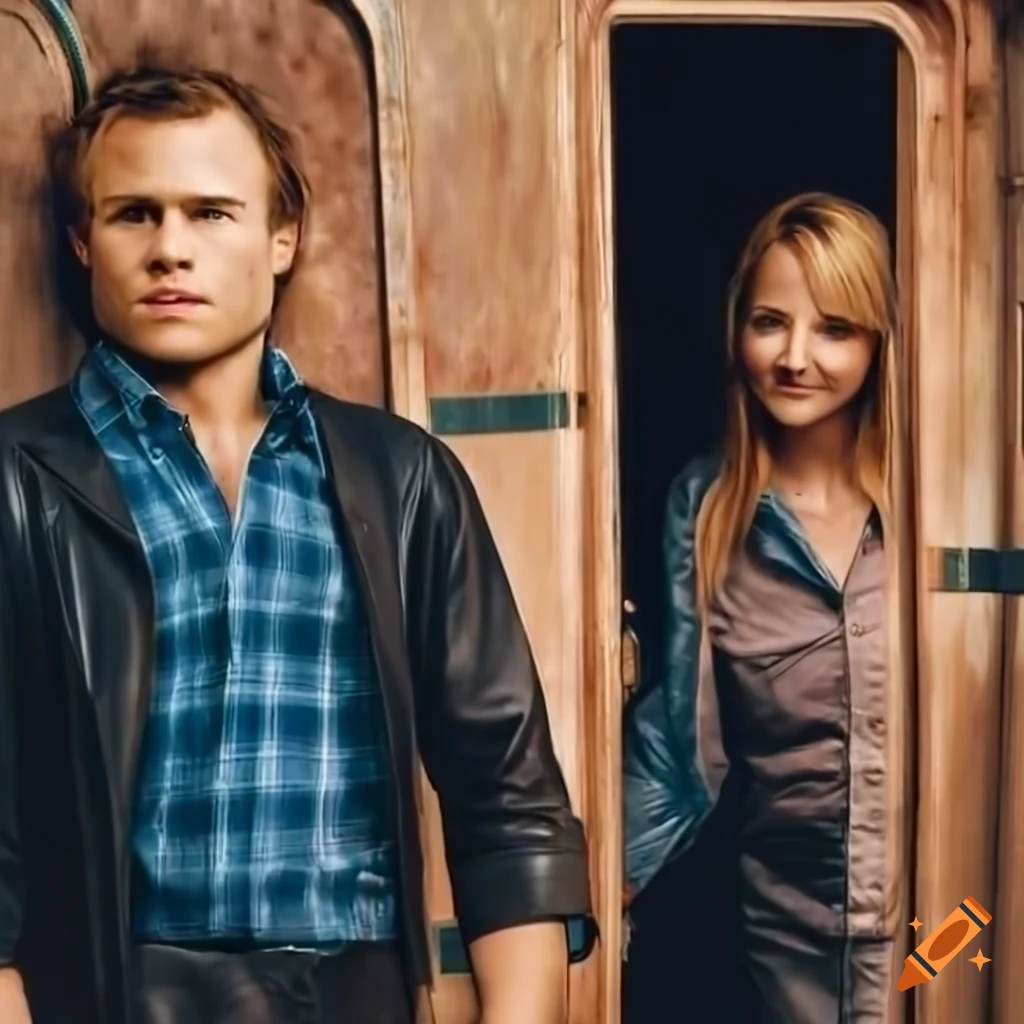 Close-up view of two people in country-style clothing standing relaxed ...