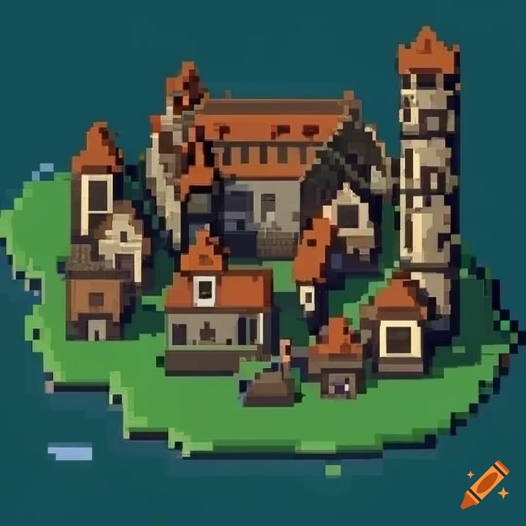 Top-down pixel art of a medieval town surrounded by walls on Craiyon
