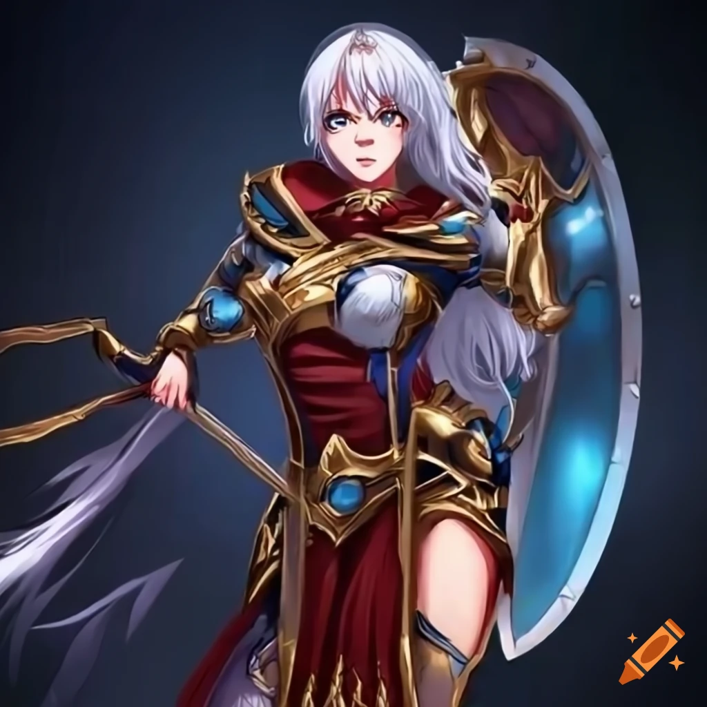 A victorious athena woman holding a colossal steel wall shield in anime ...