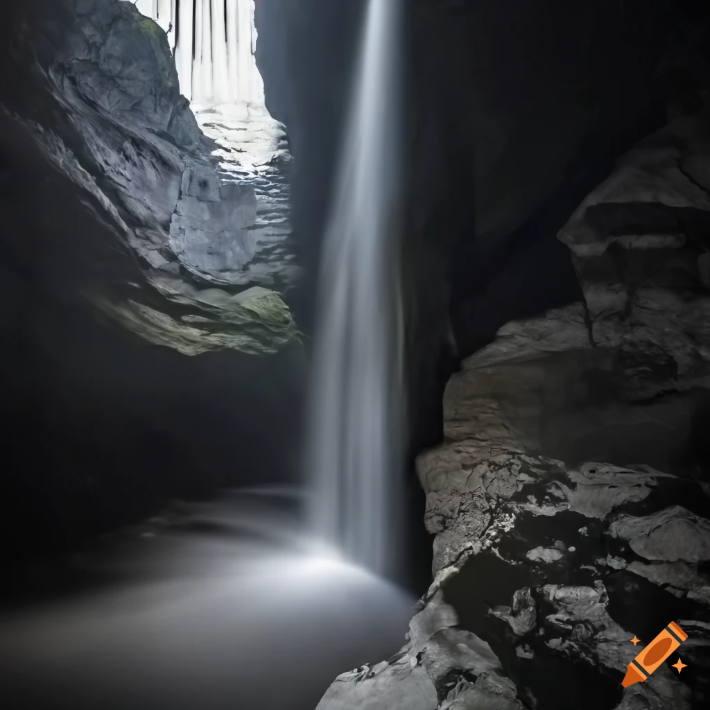 Interior of a dark, moist cave with a waterfall and crystal growth on ...