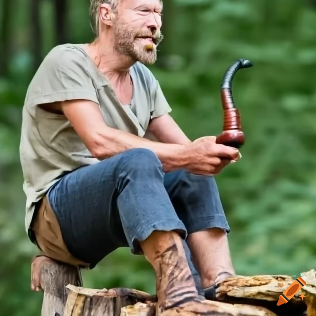 Rugged Swedish man sitting on a stump with a pipe in the great outdoors ...