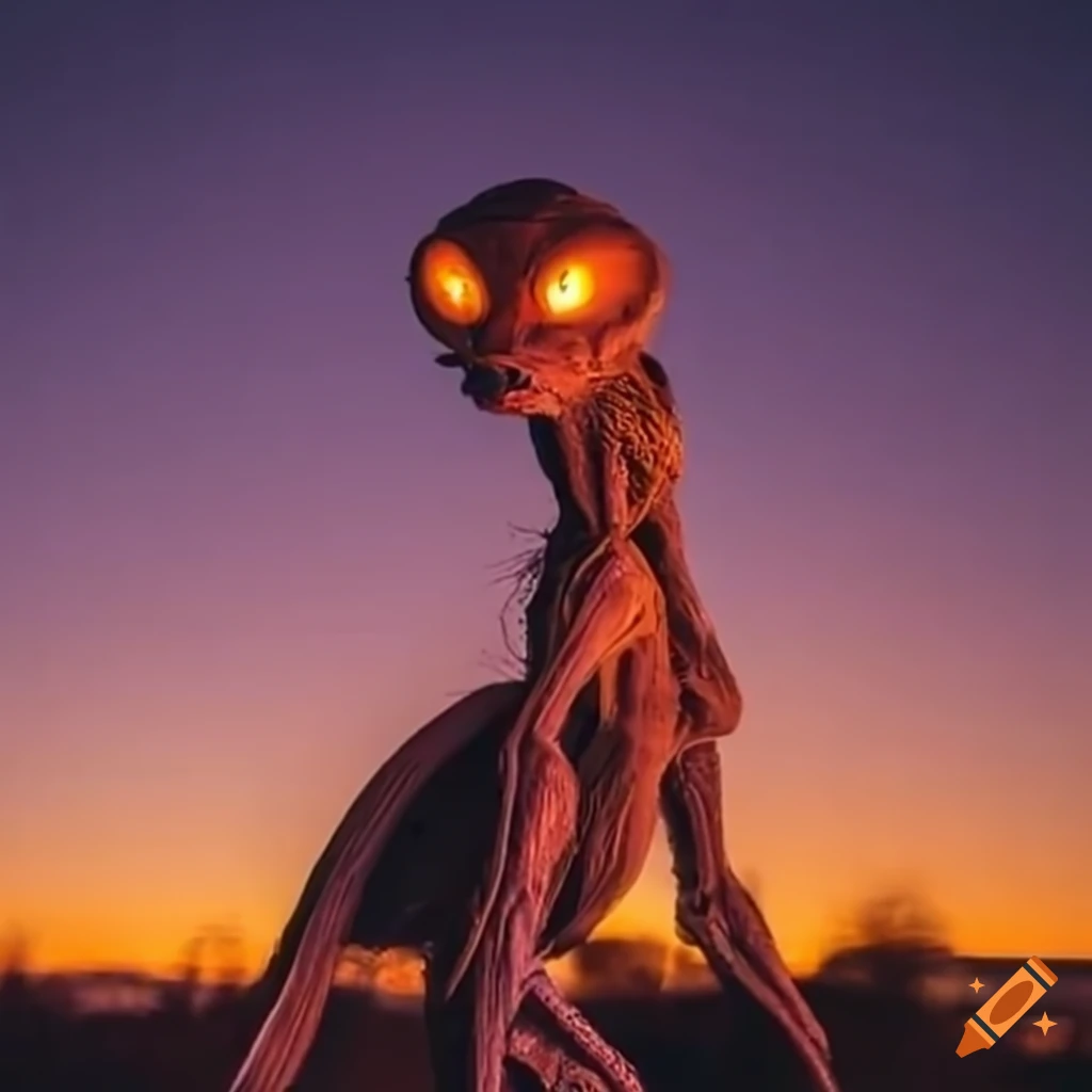 Tall alien creature in a midwestern town at sunset on Craiyon