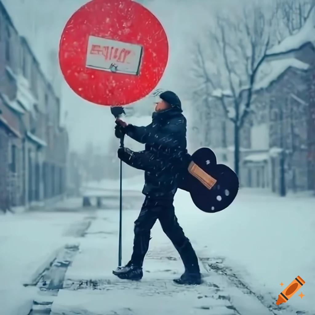 Man carrying red stop sign and guitar in snowy street on Craiyon