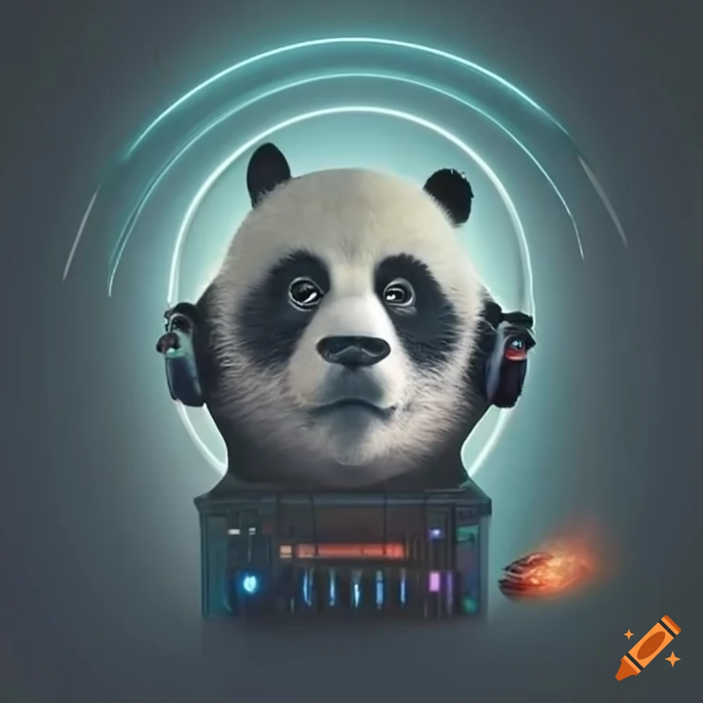 Dj with a panda head playing on the moon while aliens attack earth in a ...