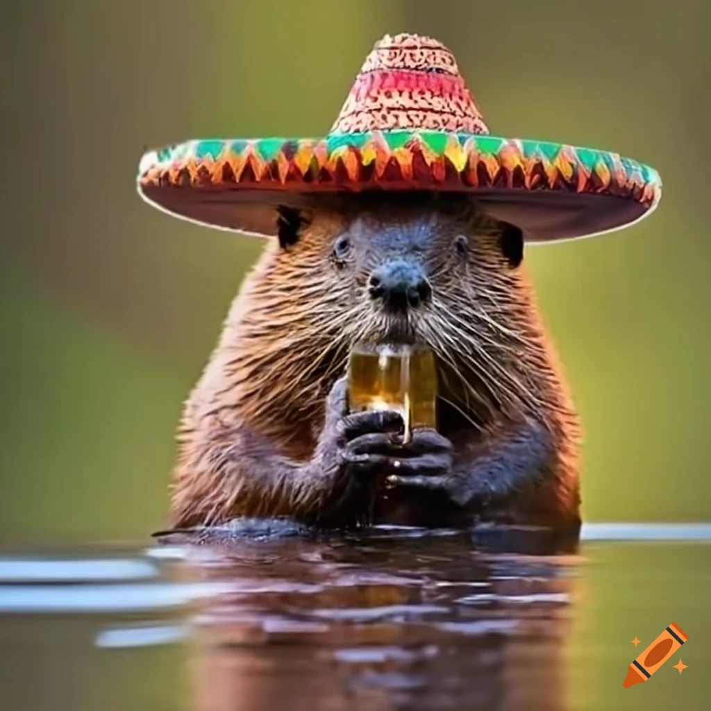 Playful river beaver wearing a sombrero by the water with a corona beer ...