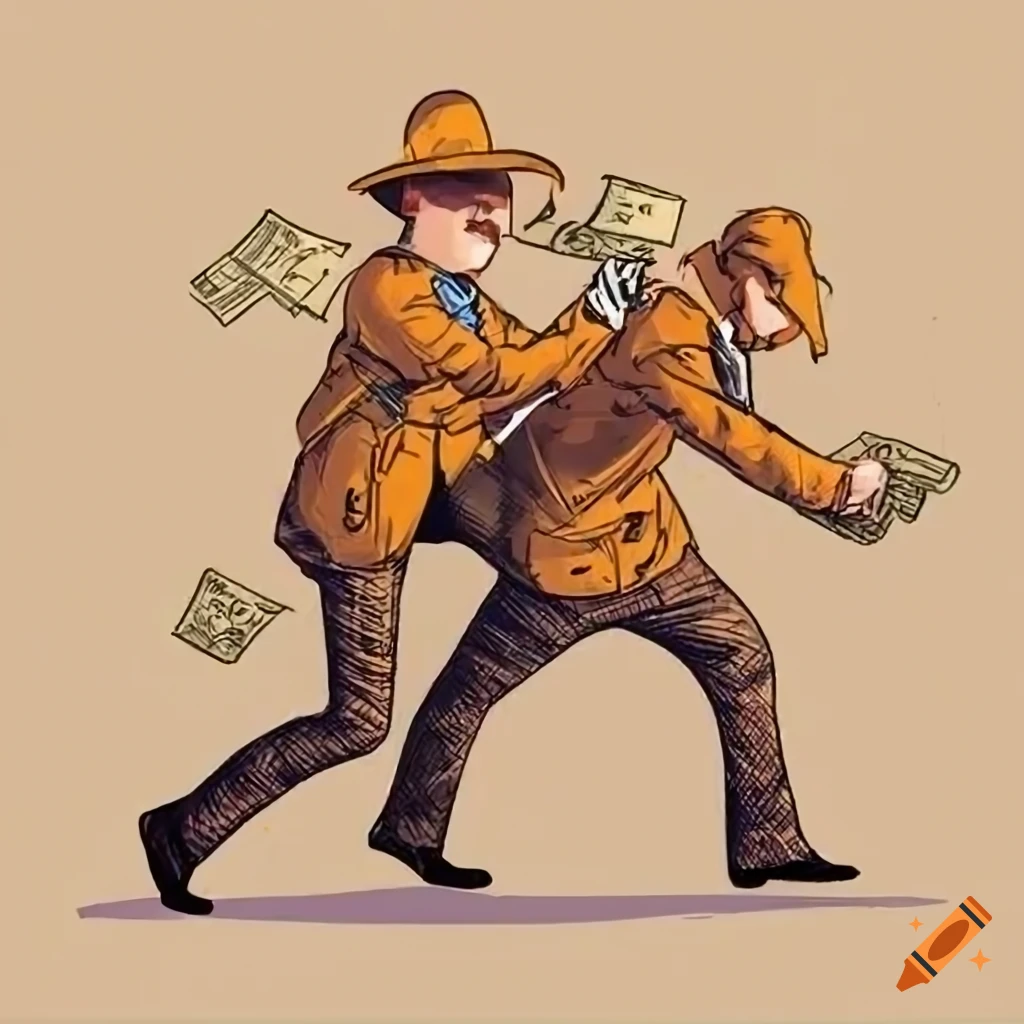 Comic sketch of two robbers with a bag of money in orange tones on Craiyon