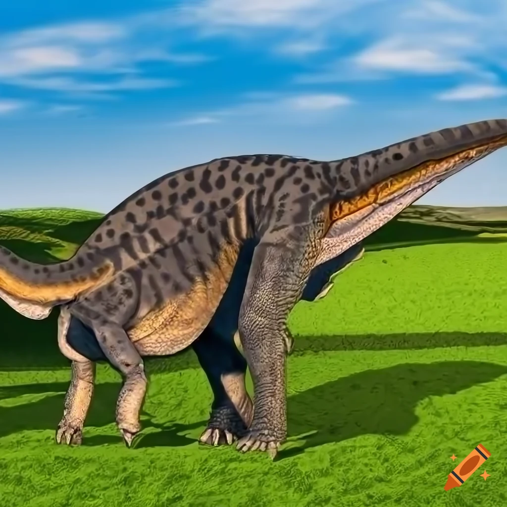 Colorful Hadrosaurus dinosaur with detailed scaly skin in warm morning ...