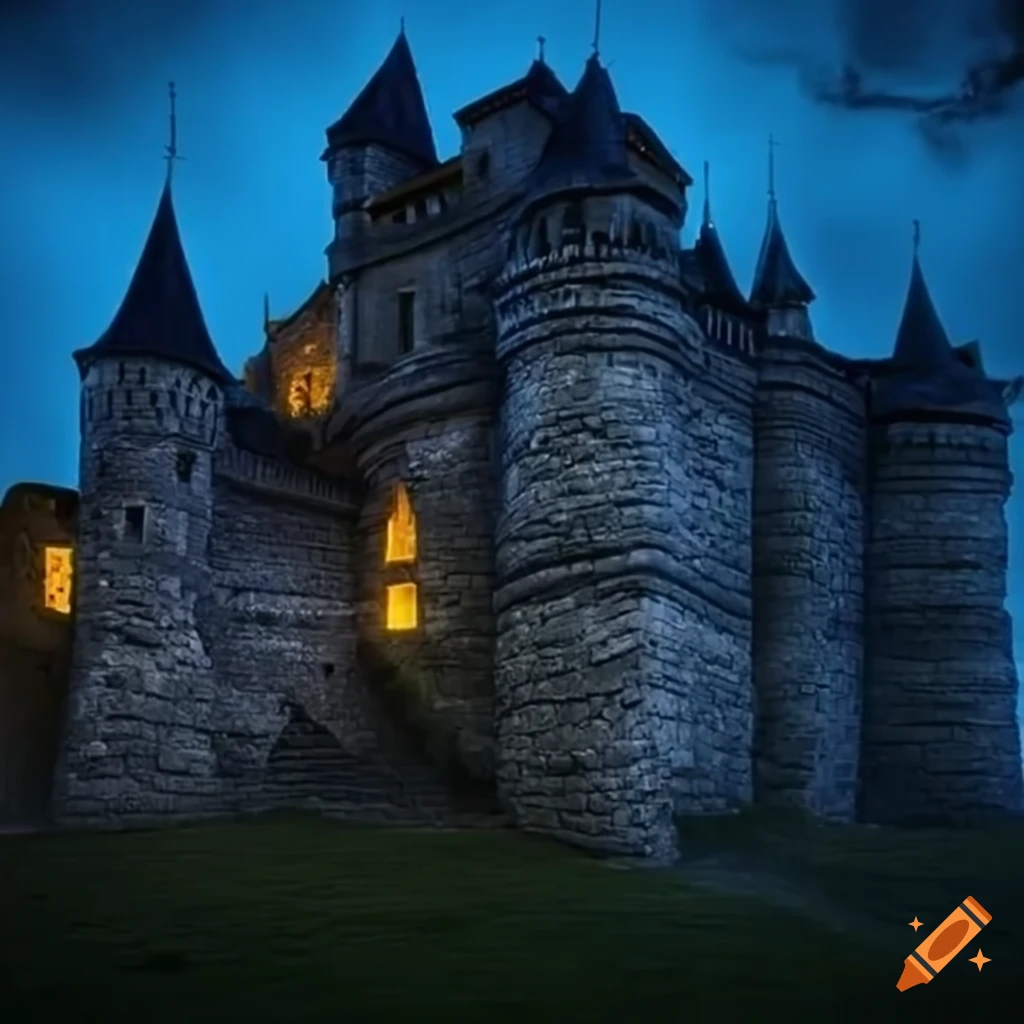 Beautiful castle with stone walls and turrets at night on Craiyon
