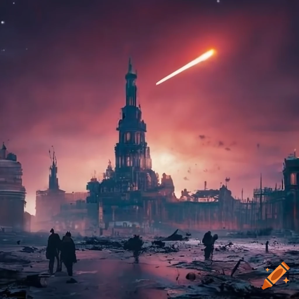 Post-apocalyptic city ruins in space with meteor strikes on Craiyon