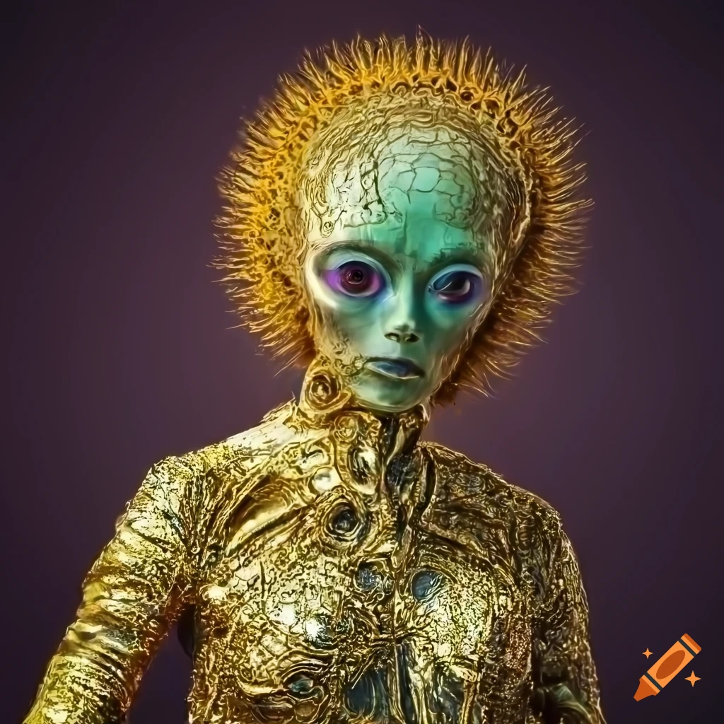 Tall beautiful alien with gilded hair in ornate organic space suit ...