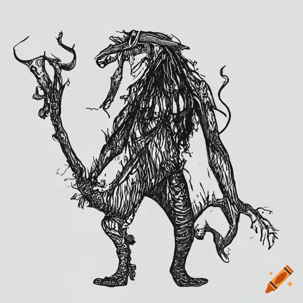 Detailed black and white sketch of a Skinwalker cryptid on Craiyon