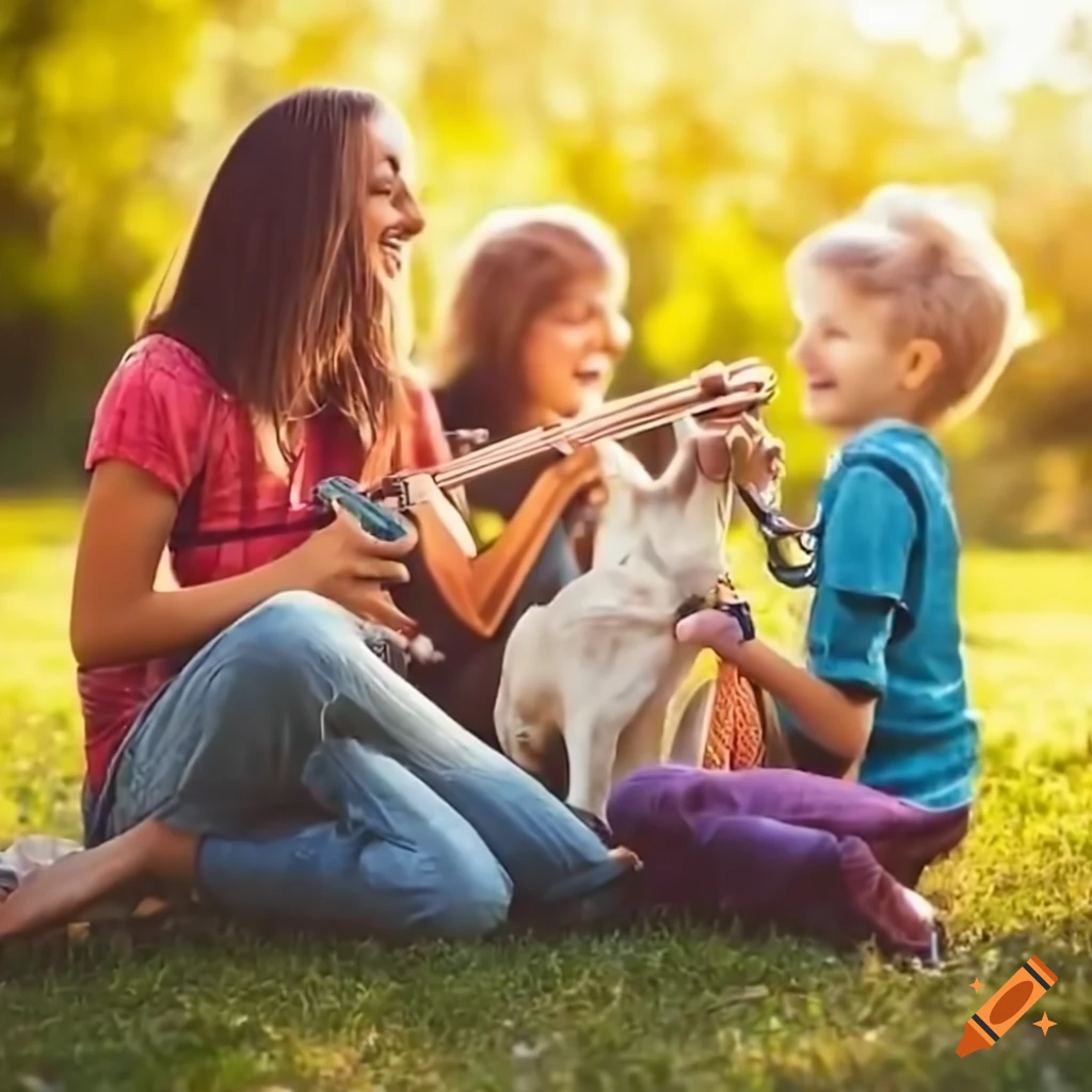 Kids and parents playing music instruments with a cute dog in a sunny ...