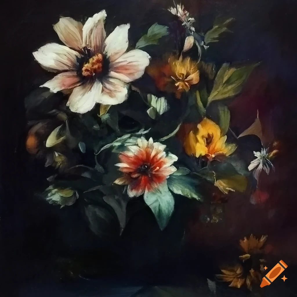 Floral still life in dark baroque style painting on Craiyon