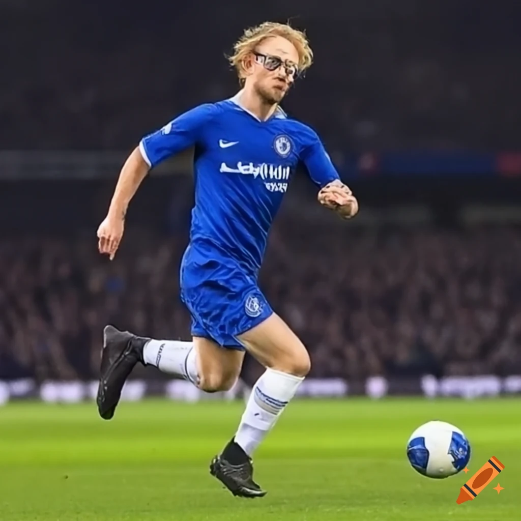 Male footballer with long blonde hair and glasses in a chelsea shirt in ...