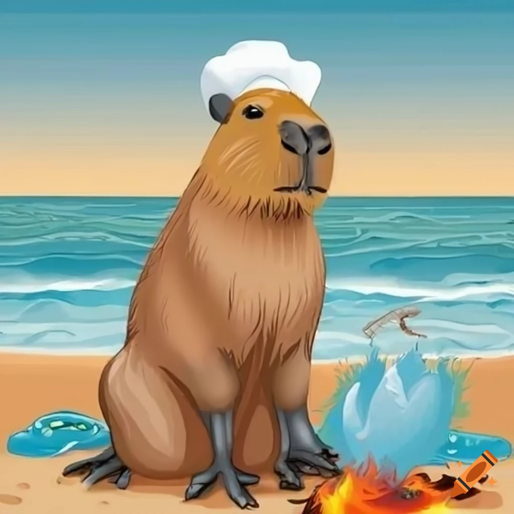 Capybara wearing a chef hat cooking fish on the beach with a seagull on ...