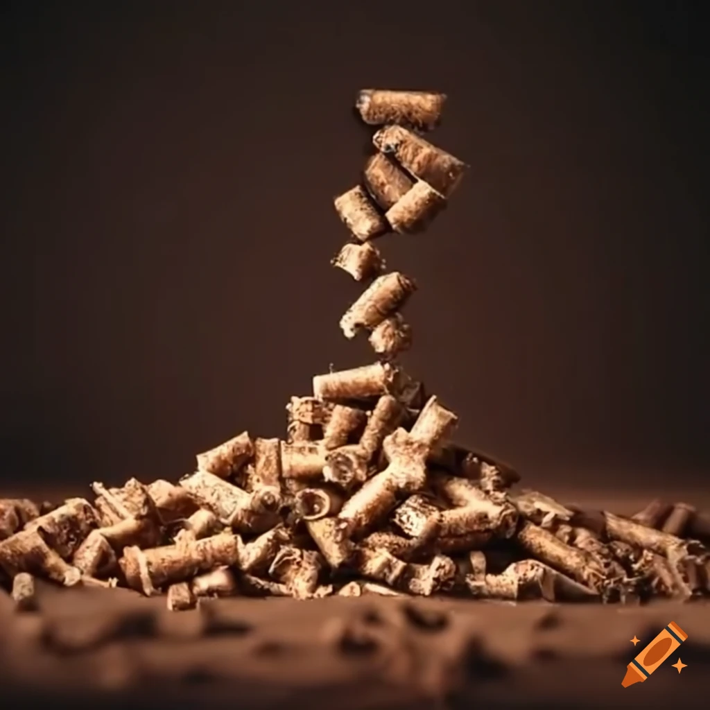 Wood pellets falling onto a pile on the ground on Craiyon