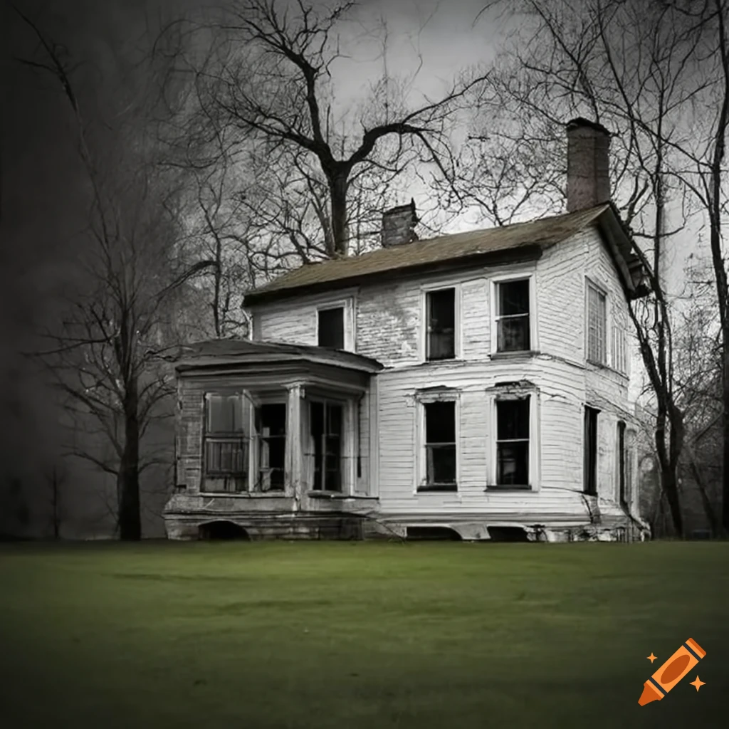 Exterior of an old one-story house with tall ominous trees in the ...