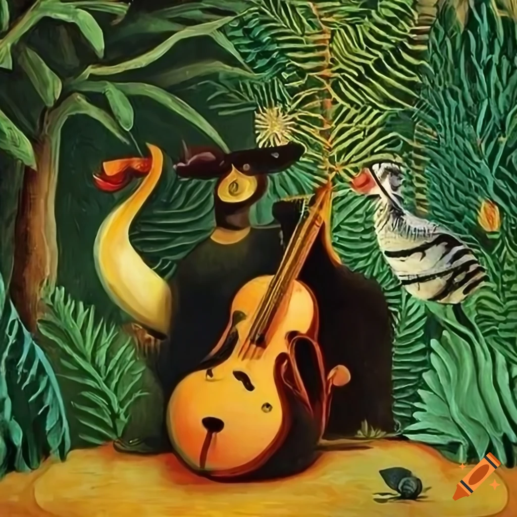 Jungle painting of animals playing music instruments in henri rousseau ...