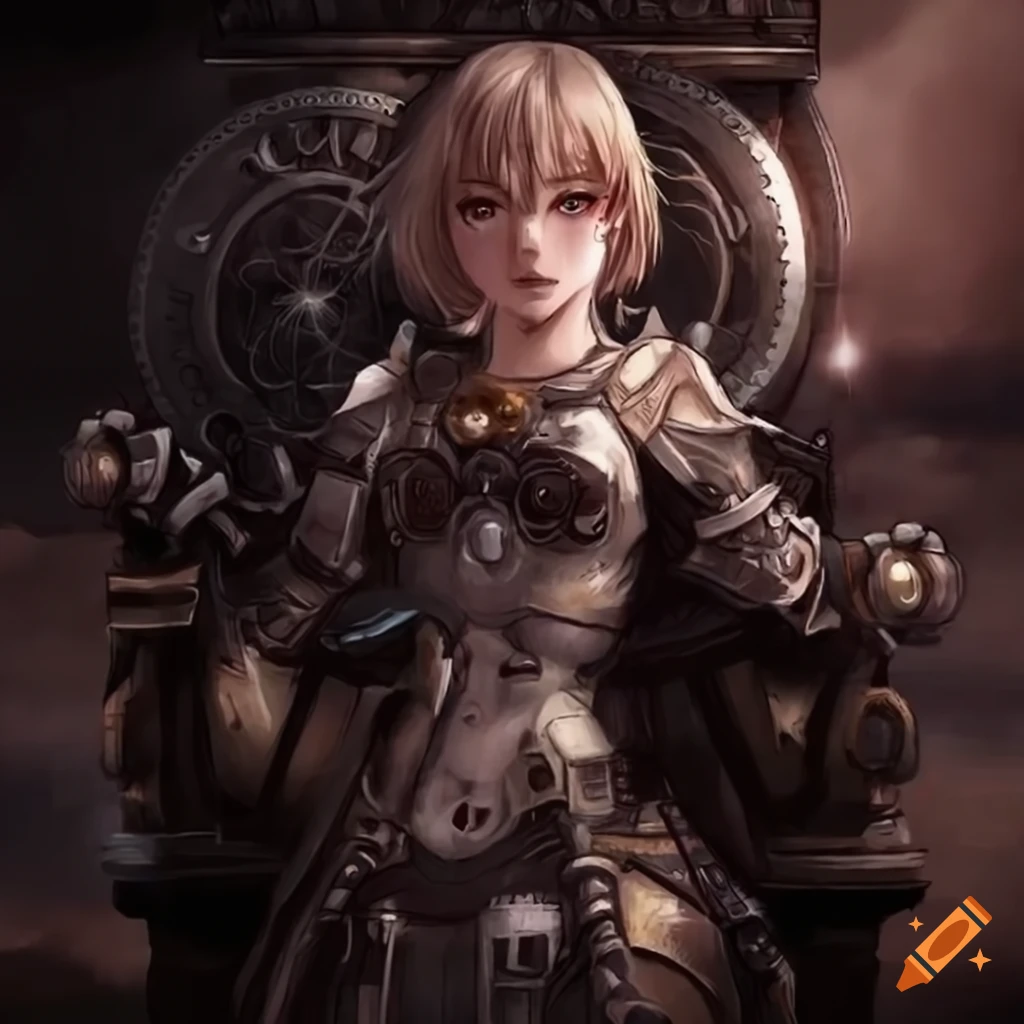 Mechanical heroine with intricate gears in a magical medieval kingdom ...