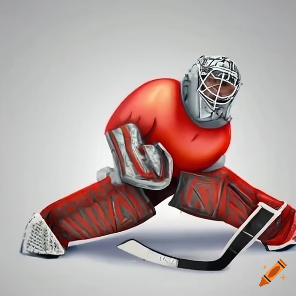 Cartoon hockey goalie hit with puck on Craiyon
