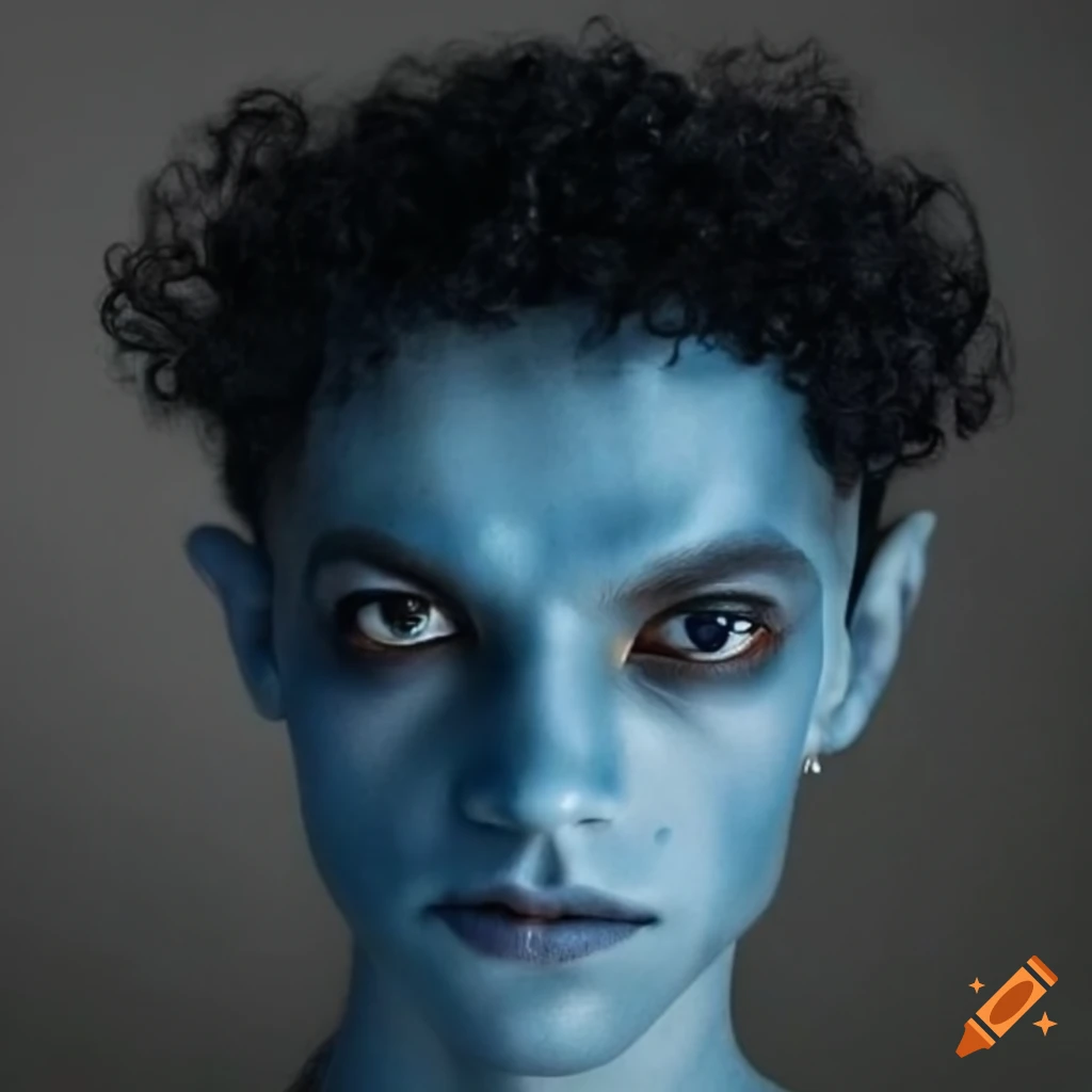 Portrait of a blue-skinned humanoid alien man with pointed ears and curly black hair on Craiyon