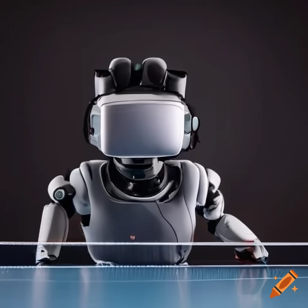 Gray robot with oculus quest 2 playing table tennis with a black racket ...